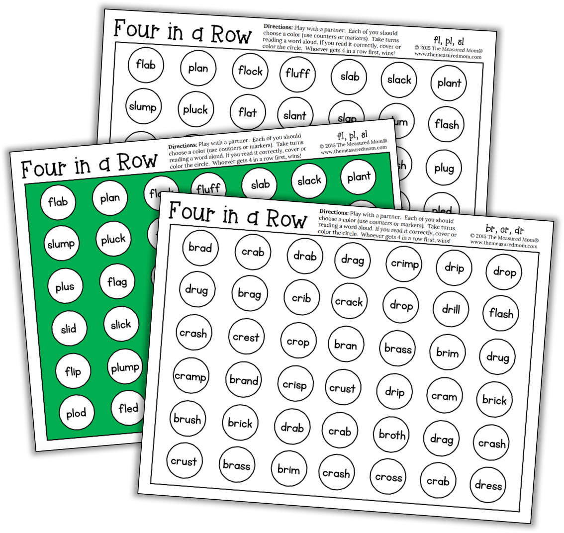 Four-in-a-row games for beginning blends - The Measured Mom