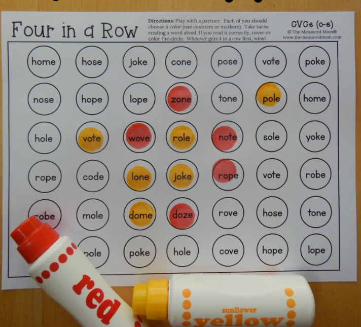 Four-in-a-row games for o-e words - The Measured Mom