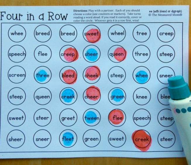 Four-in-a-row games for ee words - The Measured Mom
