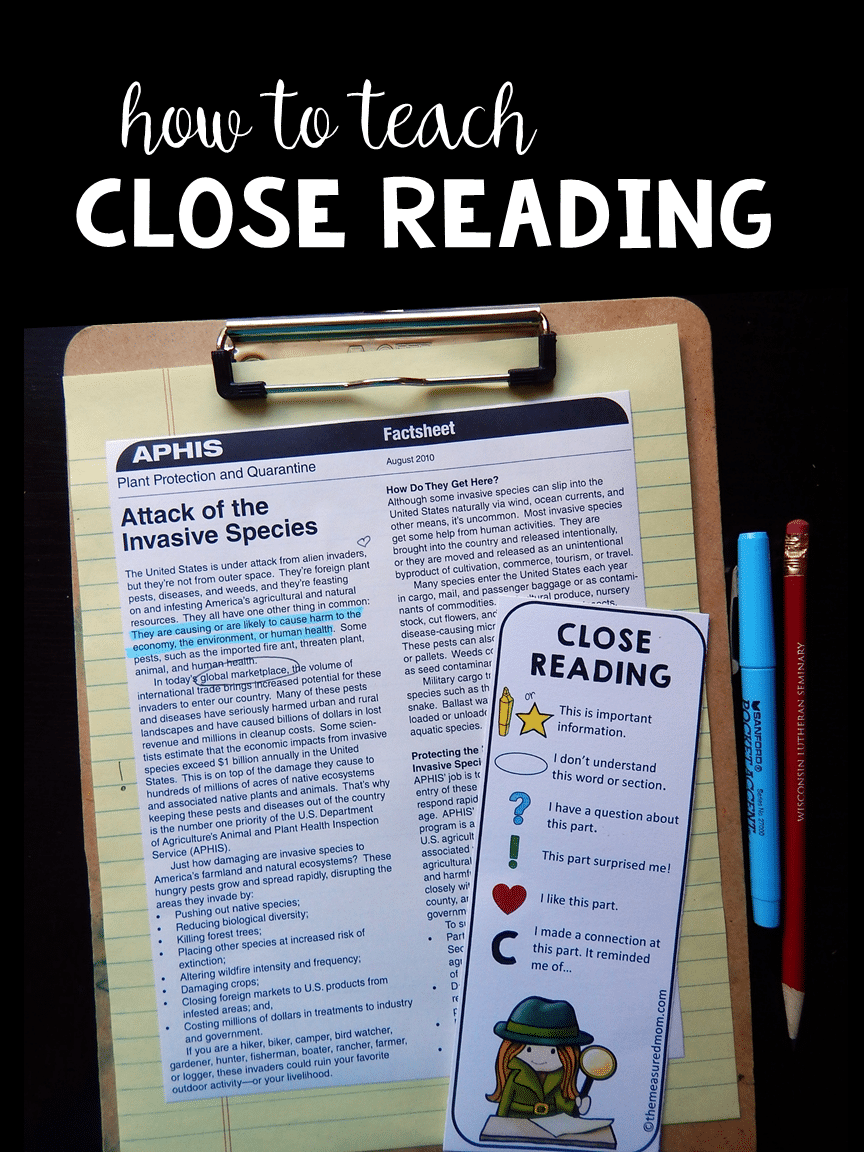 Close reading poster and bookmarks - The Measured Mom
