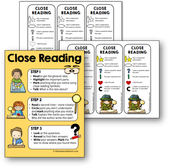 Close reading poster and bookmarks - The Measured Mom