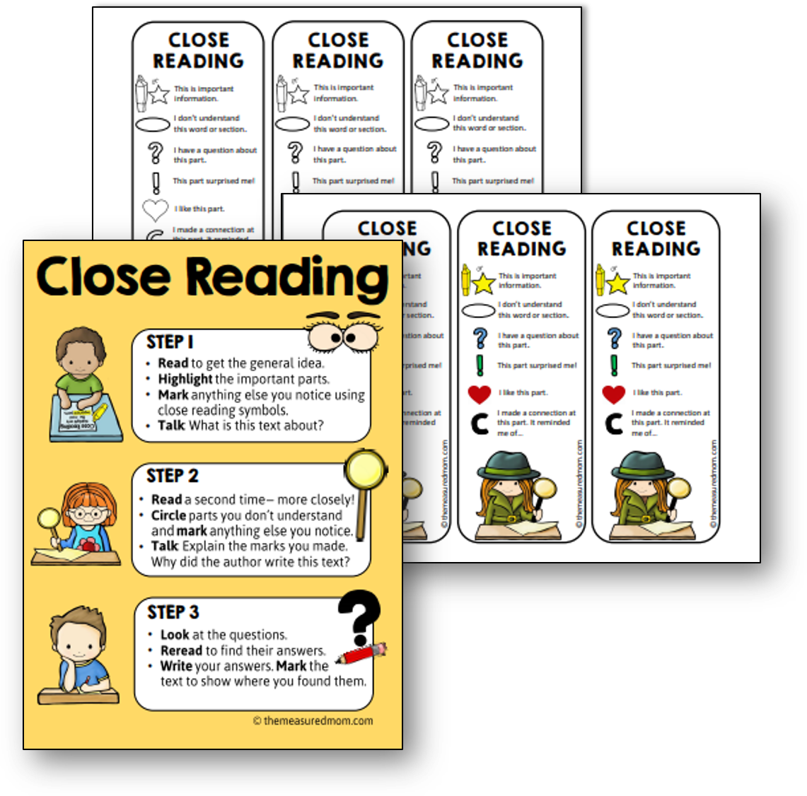 Close reading poster and bookmarks - The Measured Mom
