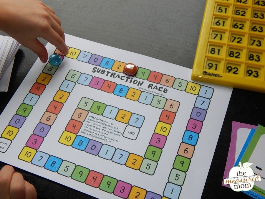 Subtraction board game using flash cards - The Measured Mom