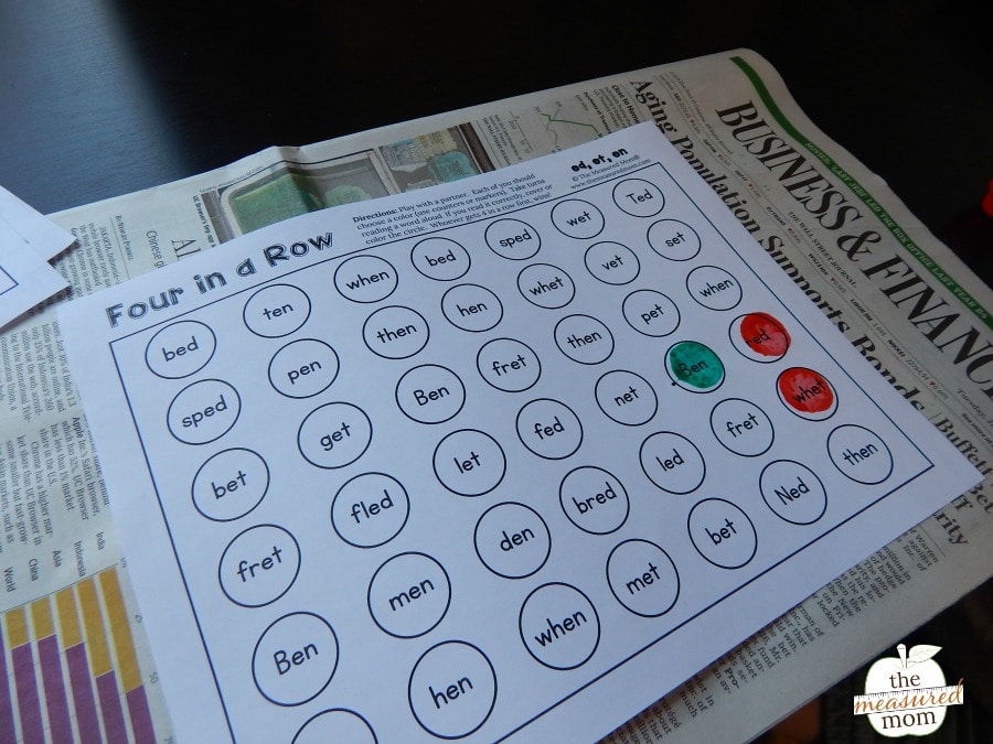 Four-in-a-row games for short e words - The Measured Mom