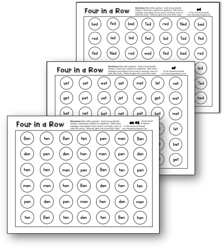 Four-in-a-row games for short e words - The Measured Mom