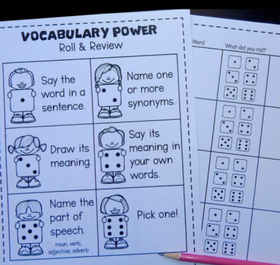 Vocabulary roll and review activity - The Measured Mom