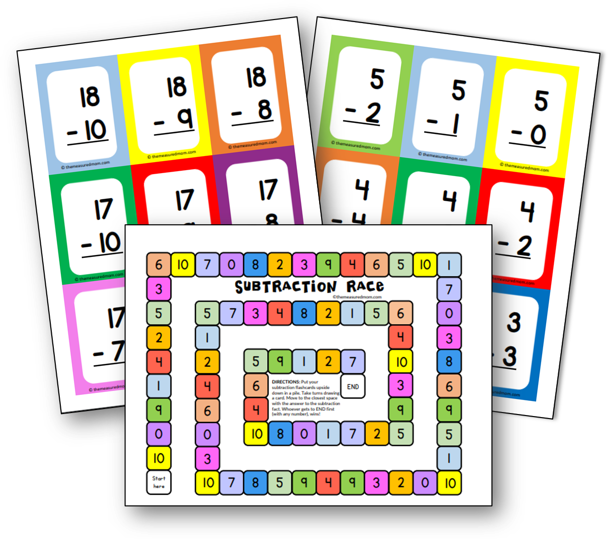 Subtraction board game using flash cards - The Measured Mom