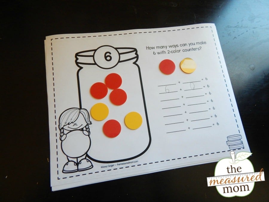Addition worksheets with 2-color counters - The Measured Mom