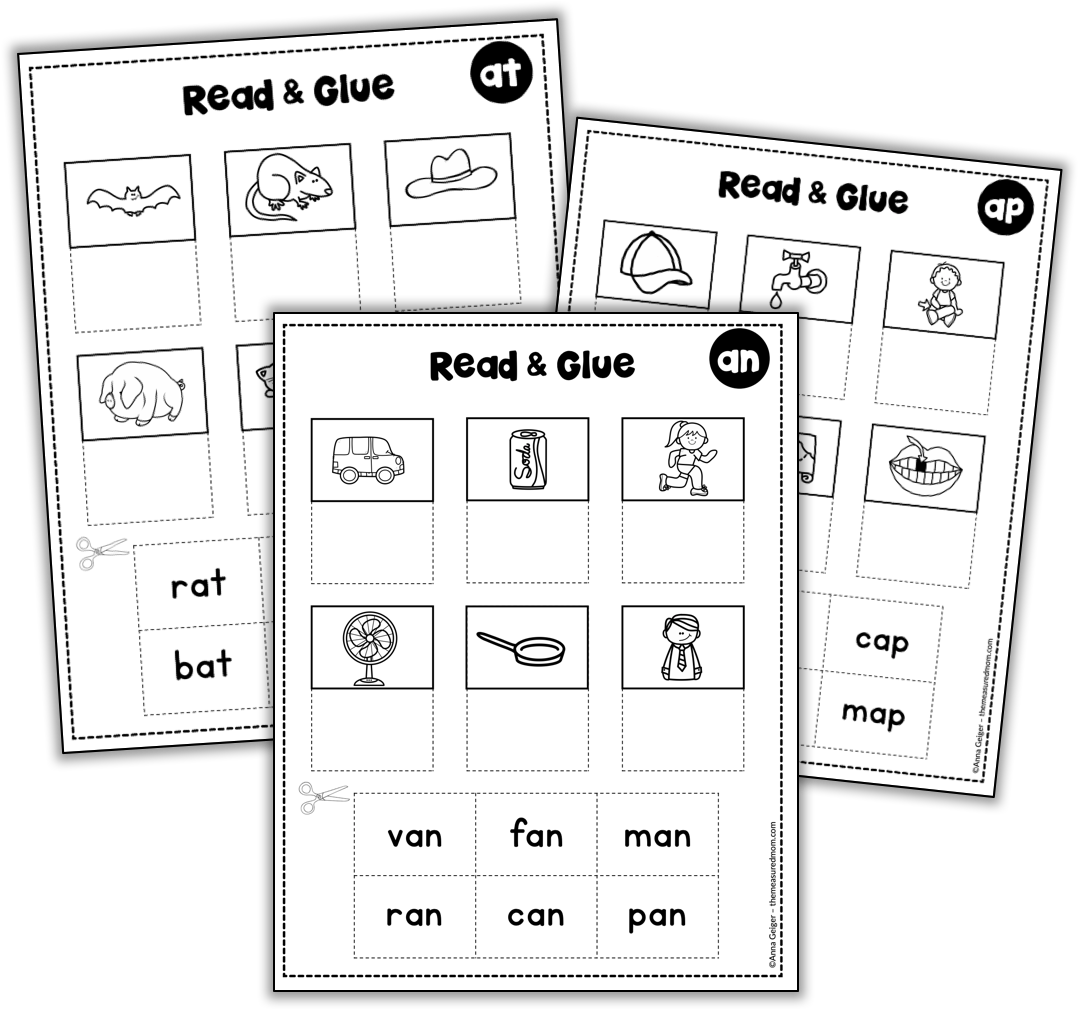 Cut & paste worksheets for short a word families - The Measured Mom