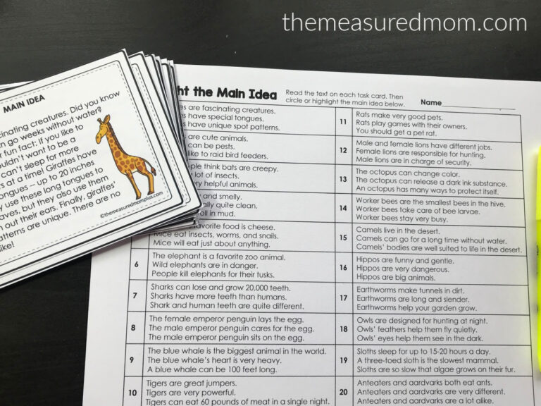 Main idea task cards - The Measured Mom