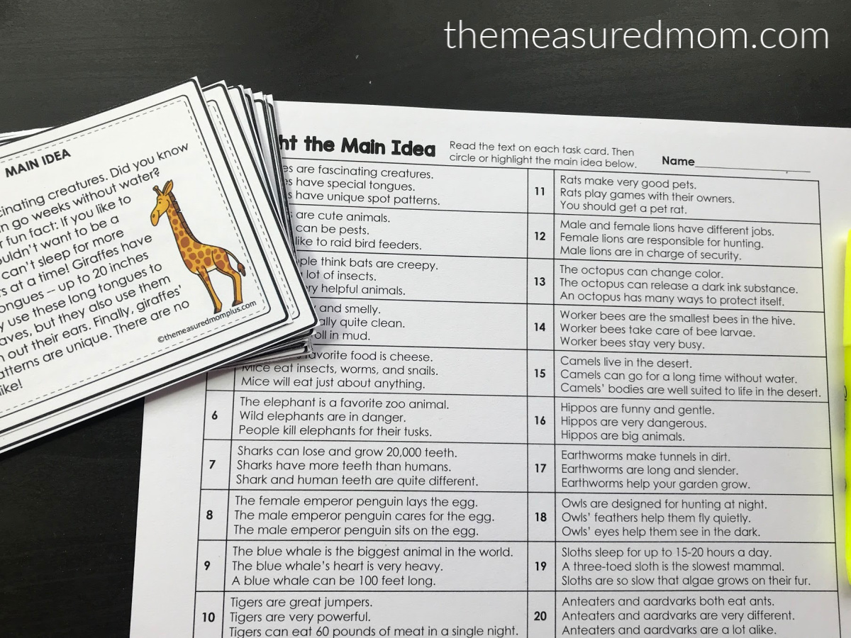 Main idea task cards - The Measured Mom