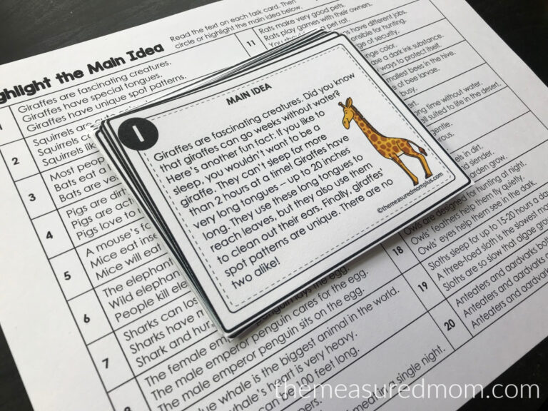 Main idea task cards - The Measured Mom