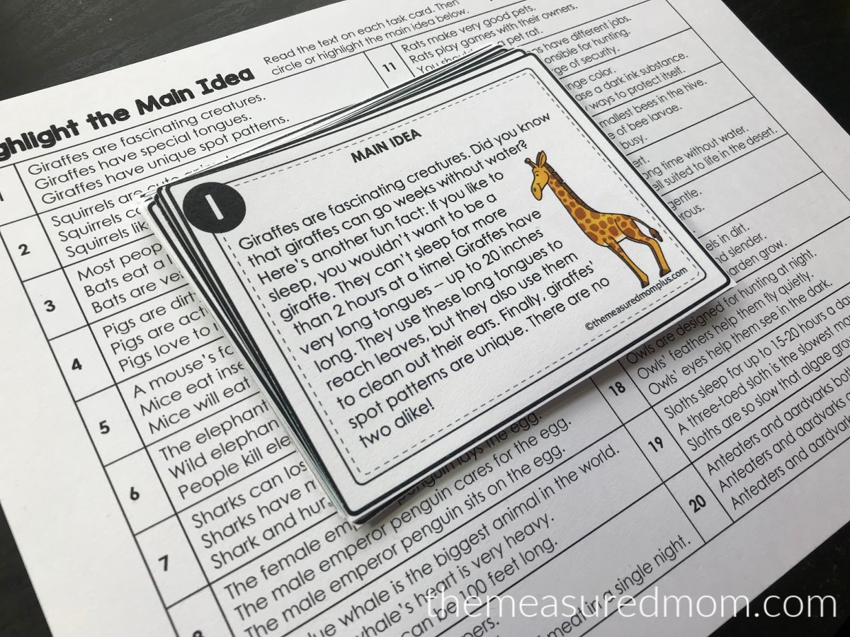 Main idea task cards - The Measured Mom