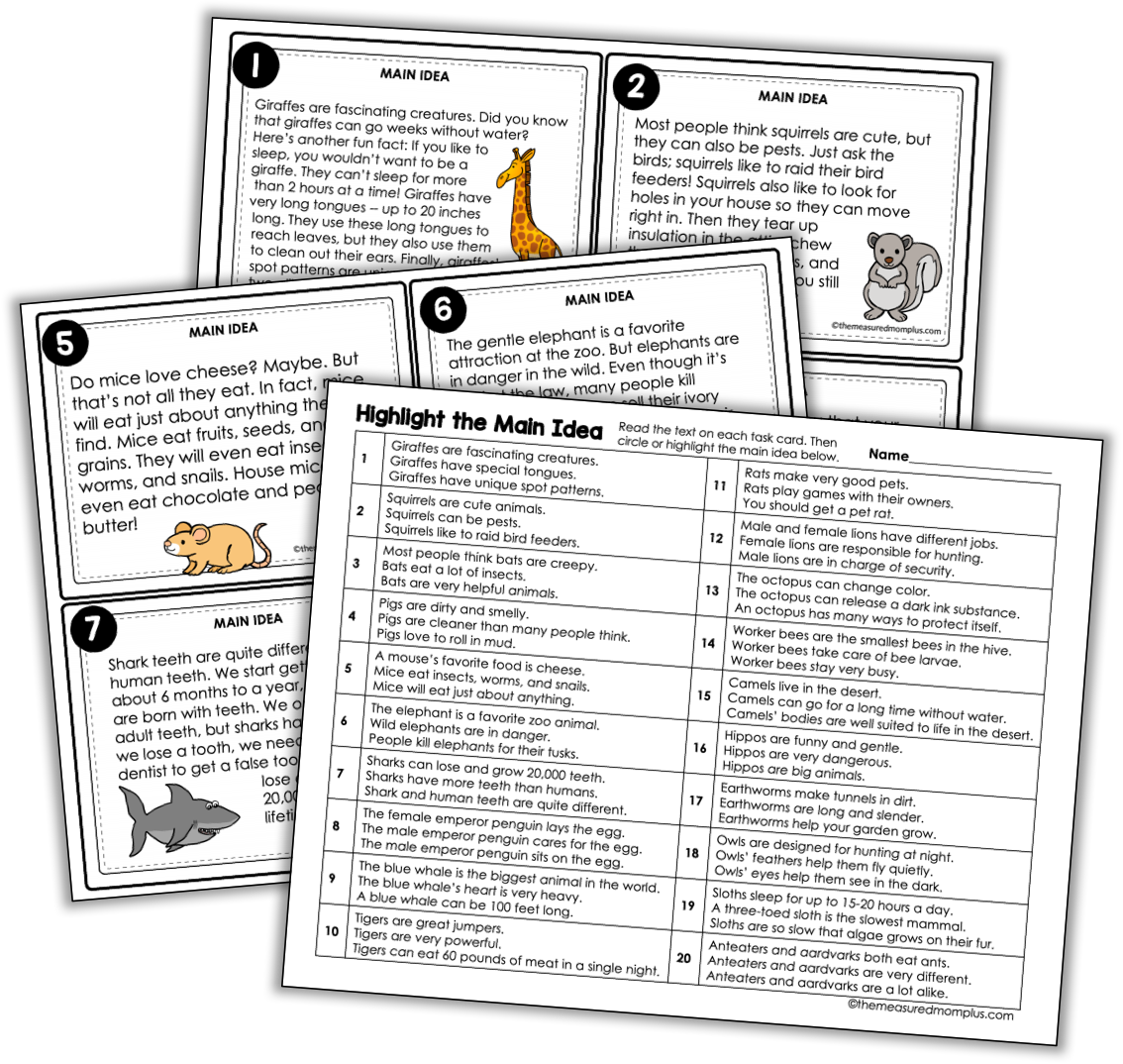 Main idea task cards - The Measured Mom