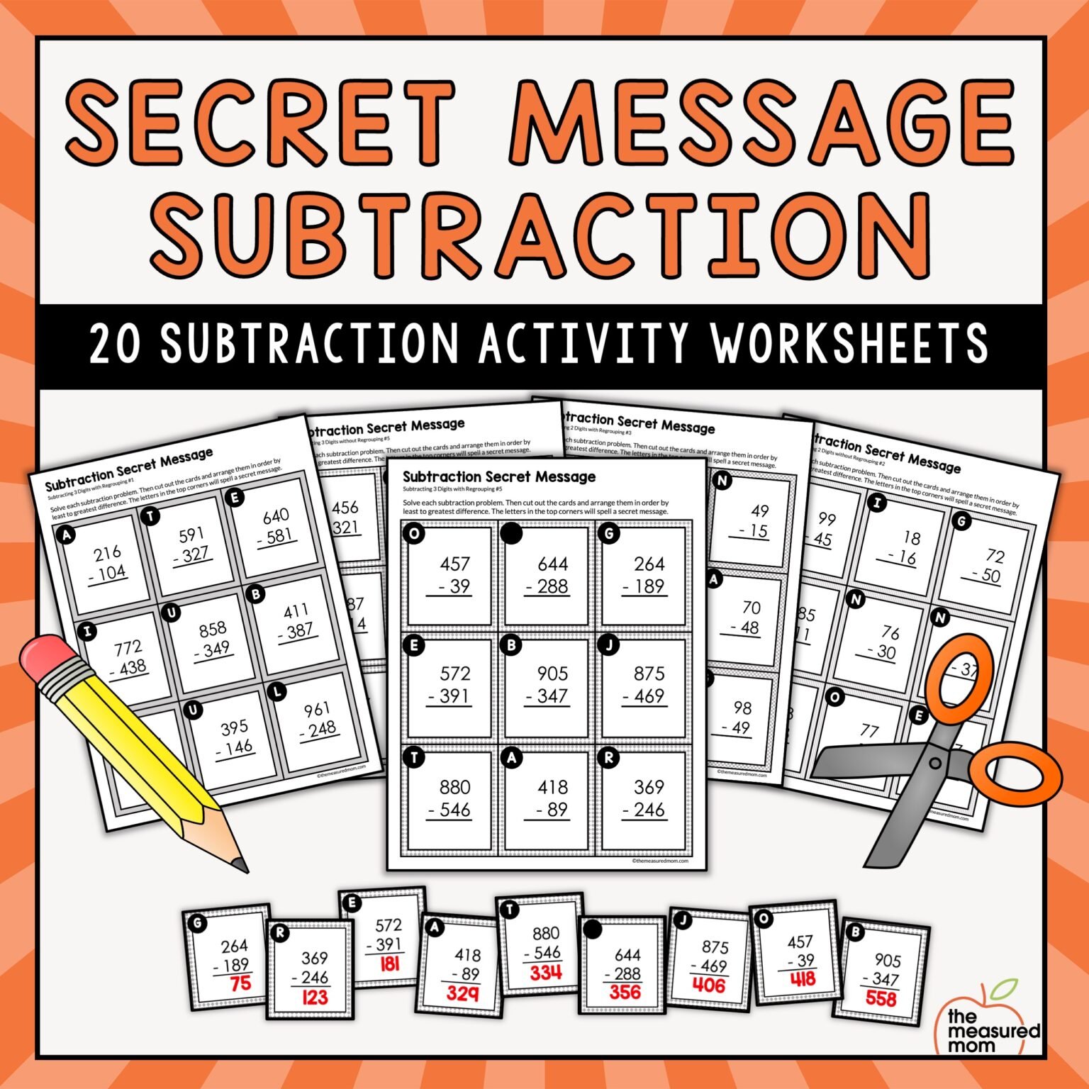 Subtraction Secret Message Worksheets - The Measured Mom